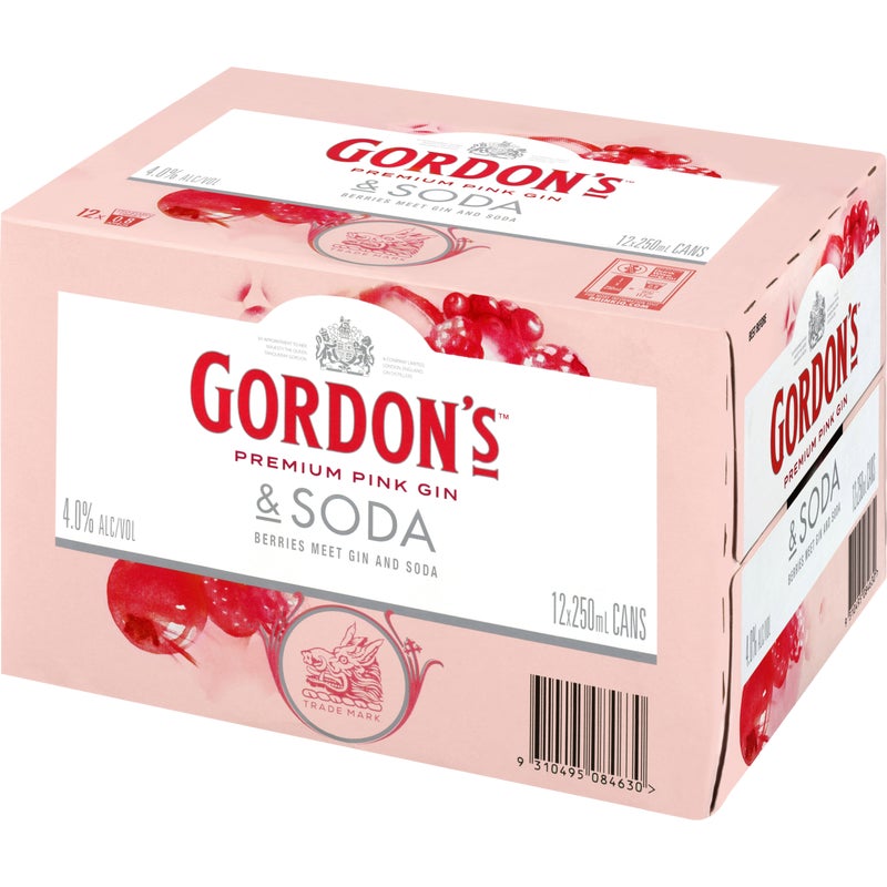 Gordons Premium Pink Gin And Soda 4 12 Pack Cans 250ml Liquorland